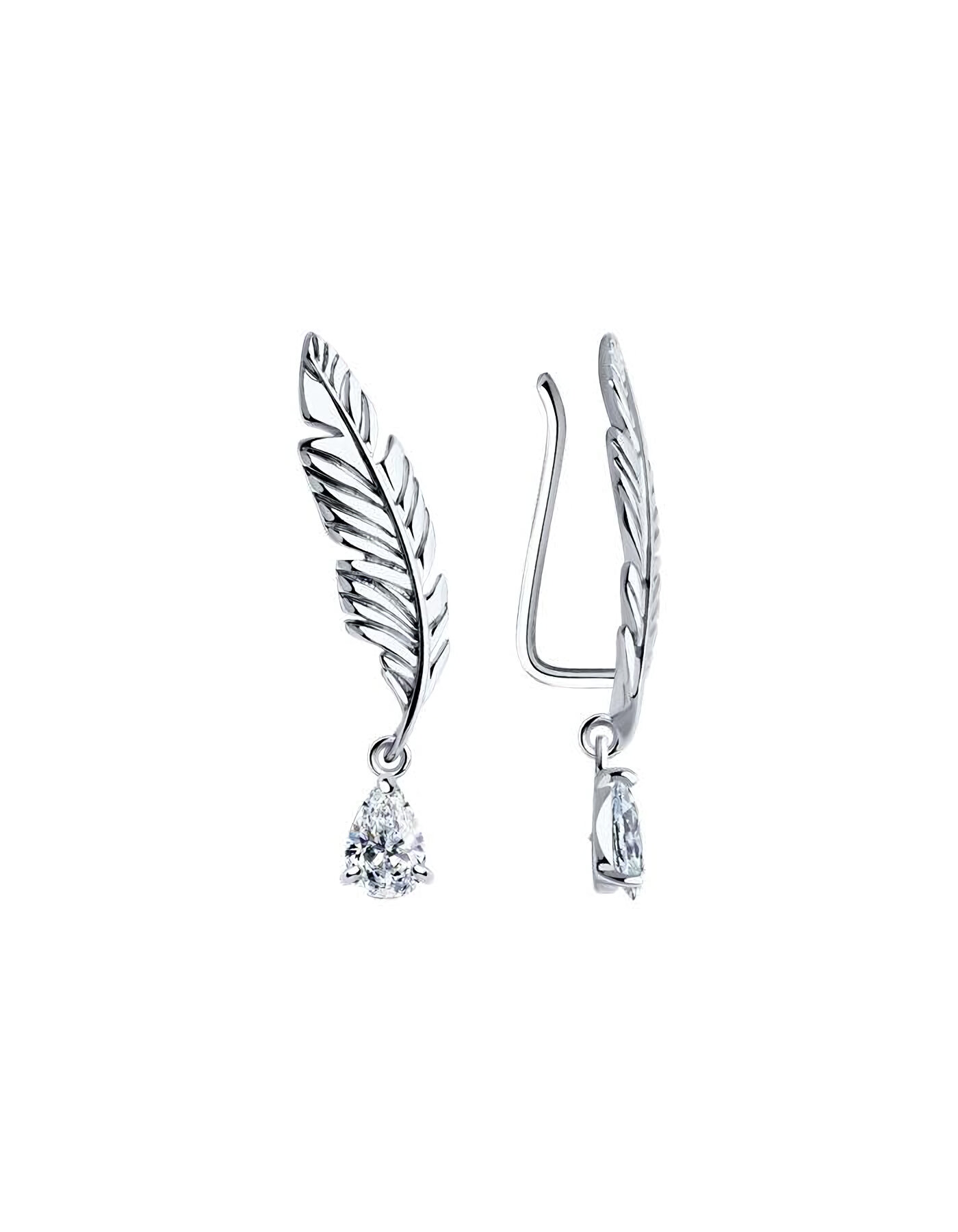 Серьги каффы, серебро, 925 проба, родирование, фианит