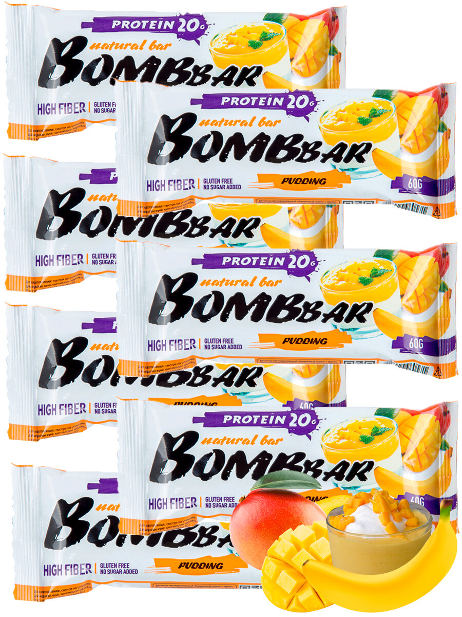 Протеиновый батончик BombBar Protein Bar 7 x 60 г, Пудинг с ароматом манго и банана