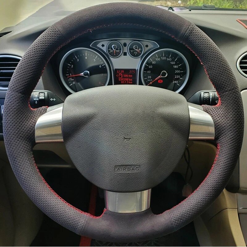 Оплетка на руль Ford Focus 2 (2005-2011), 3 спицы, черная нить, замша