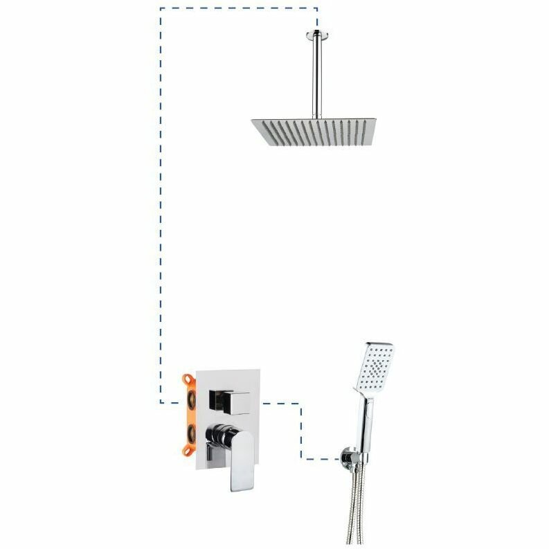 Душевой комплект AQG (акуг) Alpha, на 2 потребителя, с квадратным верхним душем 25х25 см и потолочным кронштейном 20 см, хром, 19ALPEC21802