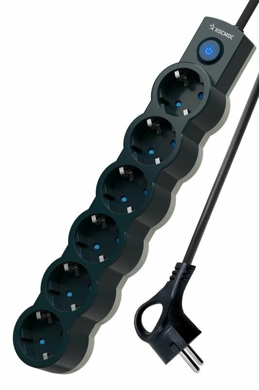 Удлинитель 6х5м с заземл. 10А IP20 2200Вт 220В защ. шторки ПВС 3х1 с выкл. черн. Космос YKsm5m-6g-Z-V10A-B