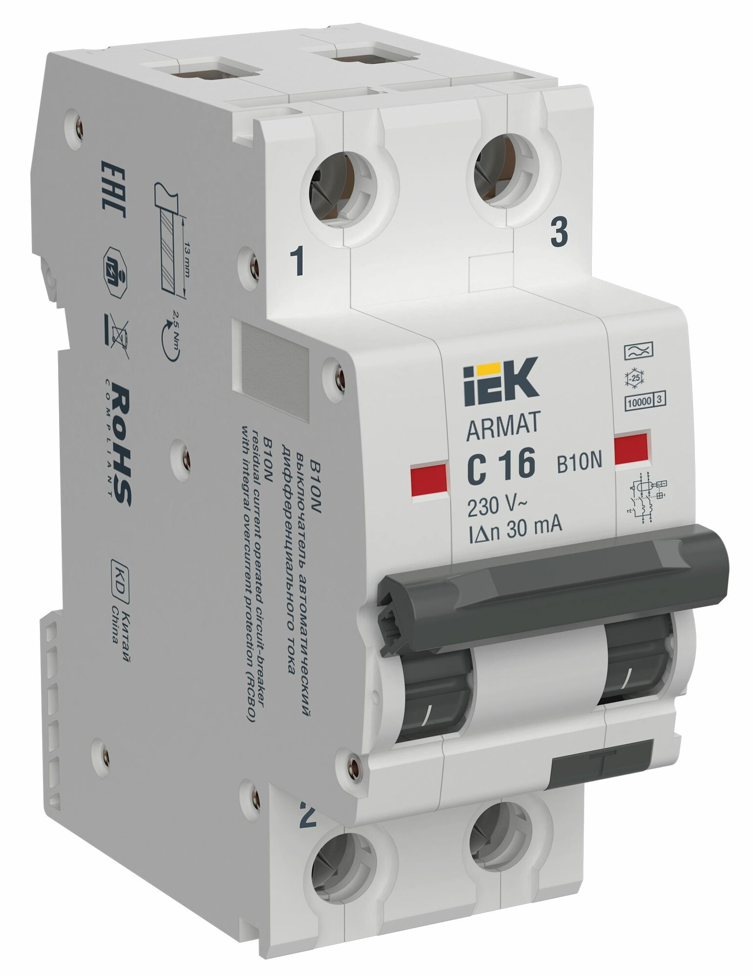 Автоматический выключатель IEK ARMAT АВДТ B10N 2P C16, 30мА тип A, 16А, 10кА, 220В, 2 полюса, IP20