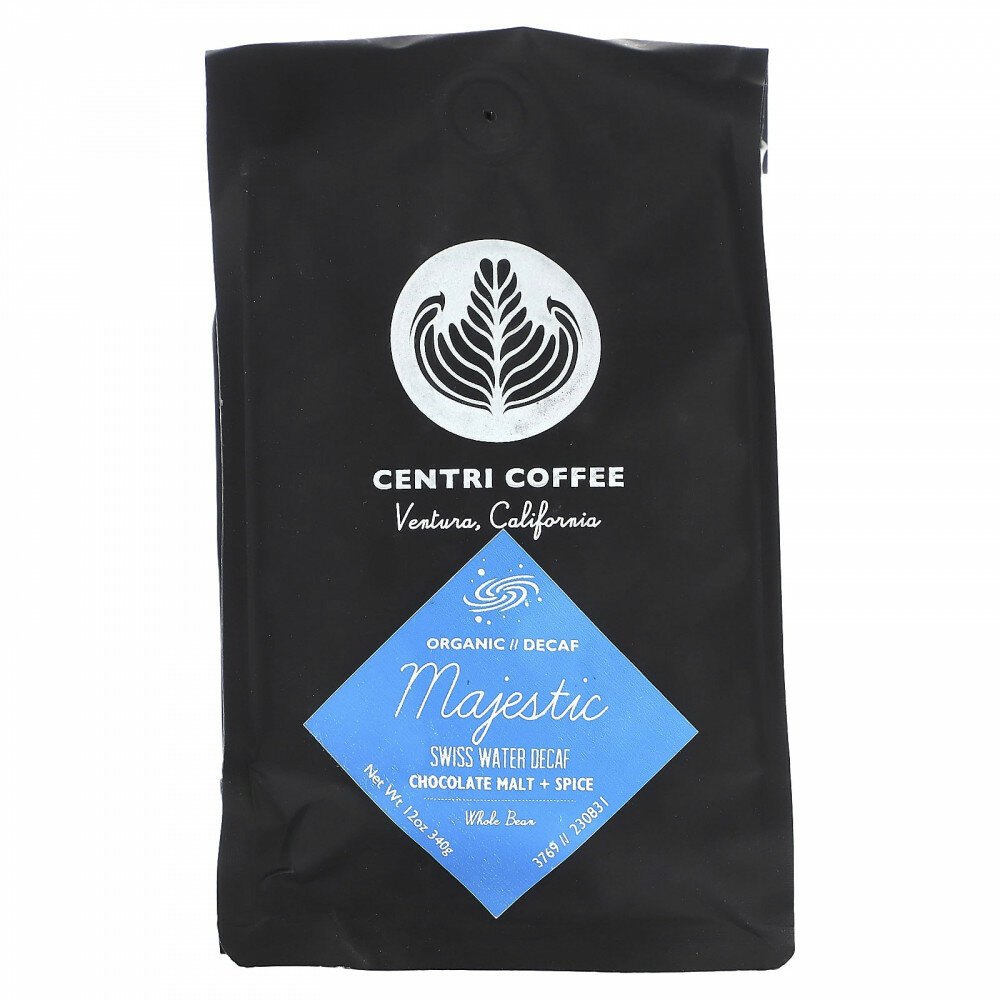 Centri Coffee, органический Majestic, шоколадный солод и специи, цельные зерна, без кофеина, 340 г (12 унций)