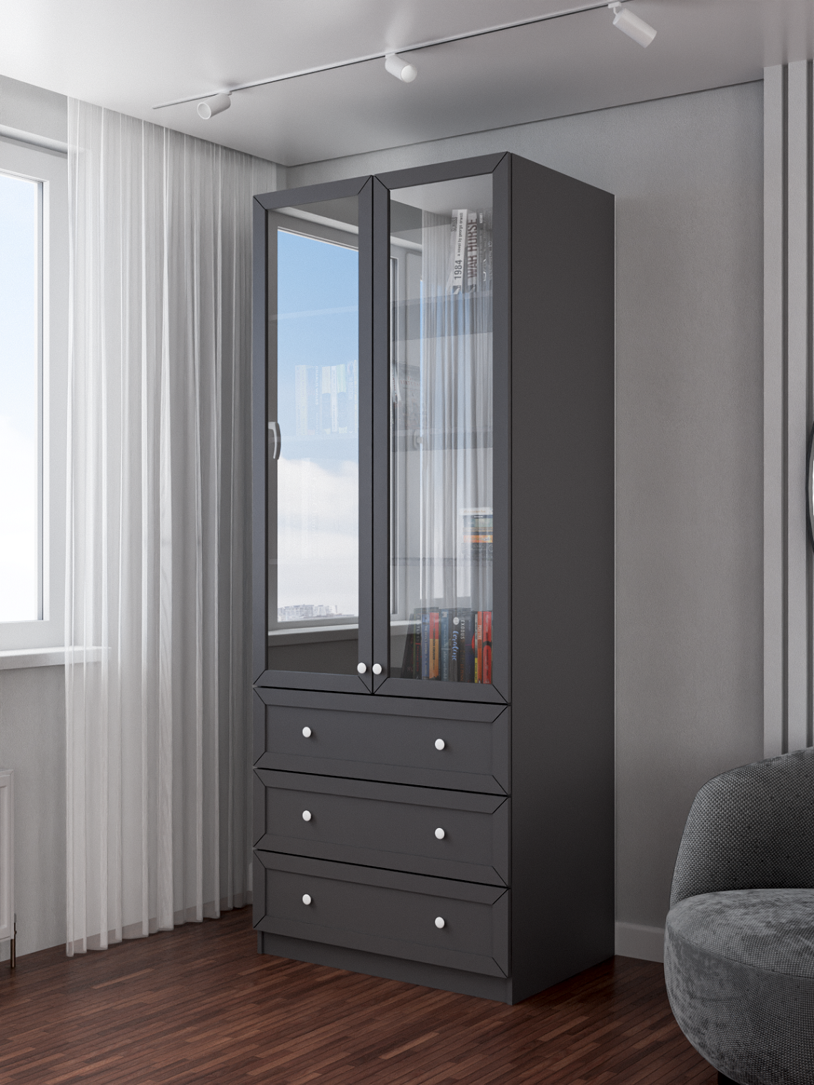 Книжный шкаф Билли 39 с ящиками | ЛДСП Графит | Профиль рамочный Графит/Вставки Антрацит