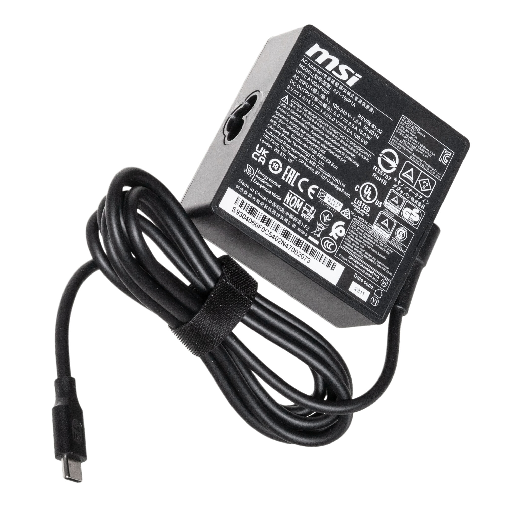 Блок питания для ноутбука MSI Prestige 14H B12UCX / MSI Prestige 14H B13UCX / MSI Prestige 14 Evo B13M / MSI Prestige 14 Evo B12M / MSI Prestige 15 A12UD / MSI Prestige 15 A12UC / MSI Prestige 15 A12SC / MSI Prestige A16 AI+ A3HMG - 100W 20V 5A USB Type-C