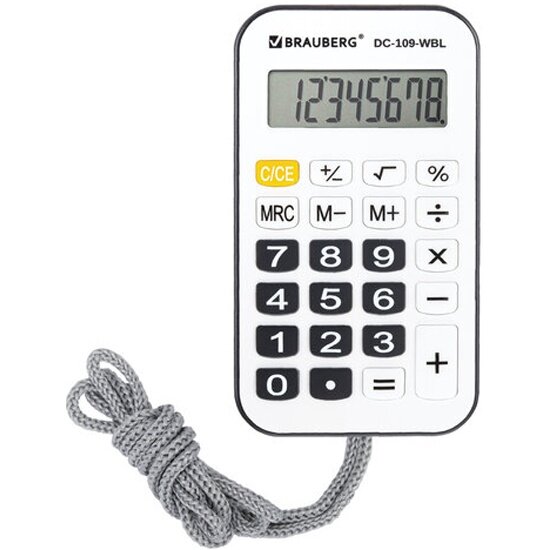 Калькулятор карманный Brauberg со шнурком DC-109-WBL (61x110мм), 8 разрядов, белый/черный, 272643
