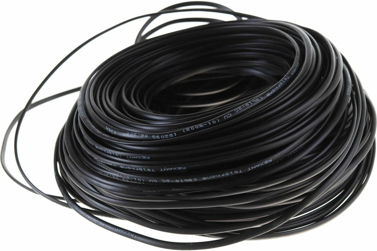 Телефонный кабель REXANT штлп, 2 жилы Cu, черный, бухта 100м 01-5002