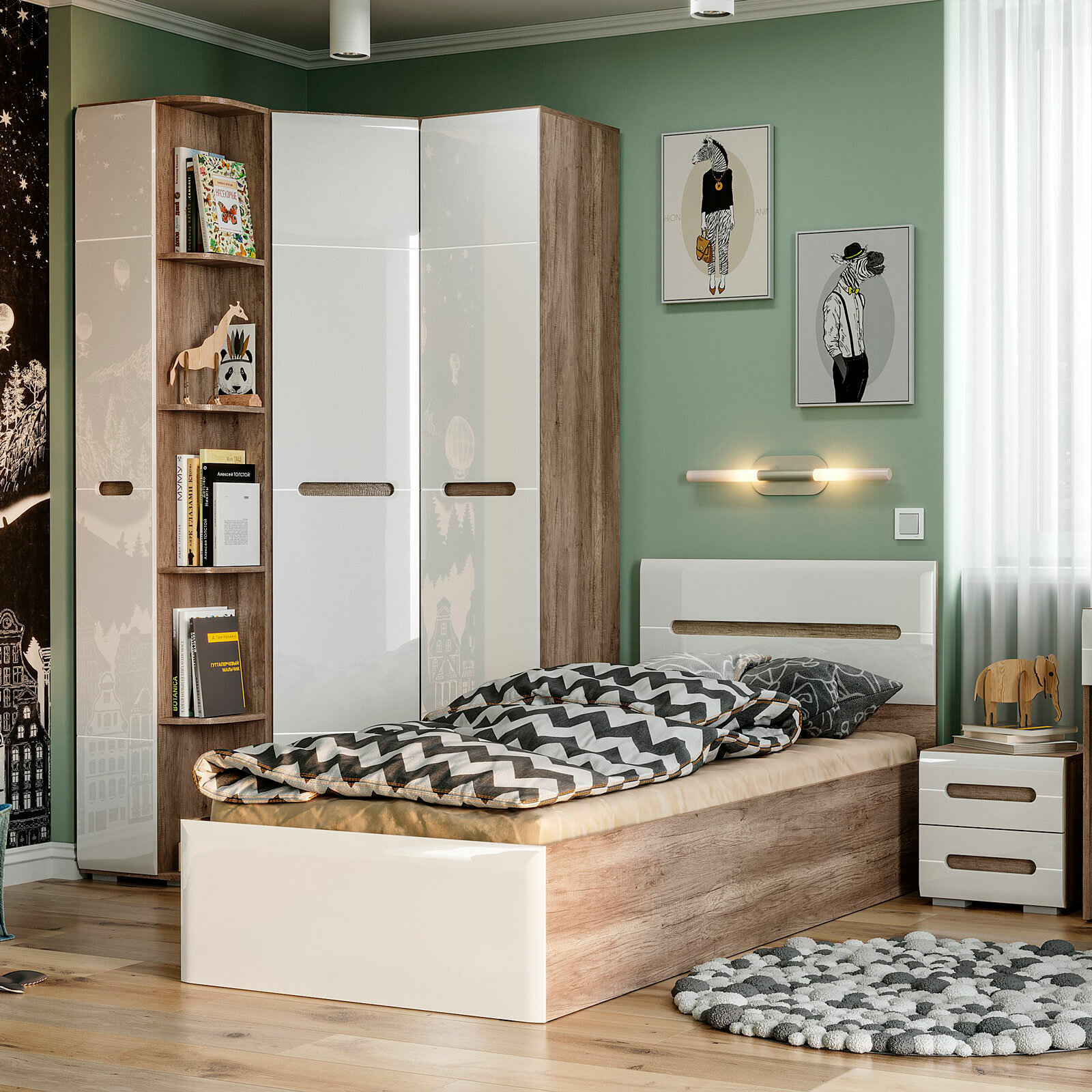 Кровать "Наоми" КР-12 дуб каньон/белый глянец МF07 МДФ Спальное место: 90х200