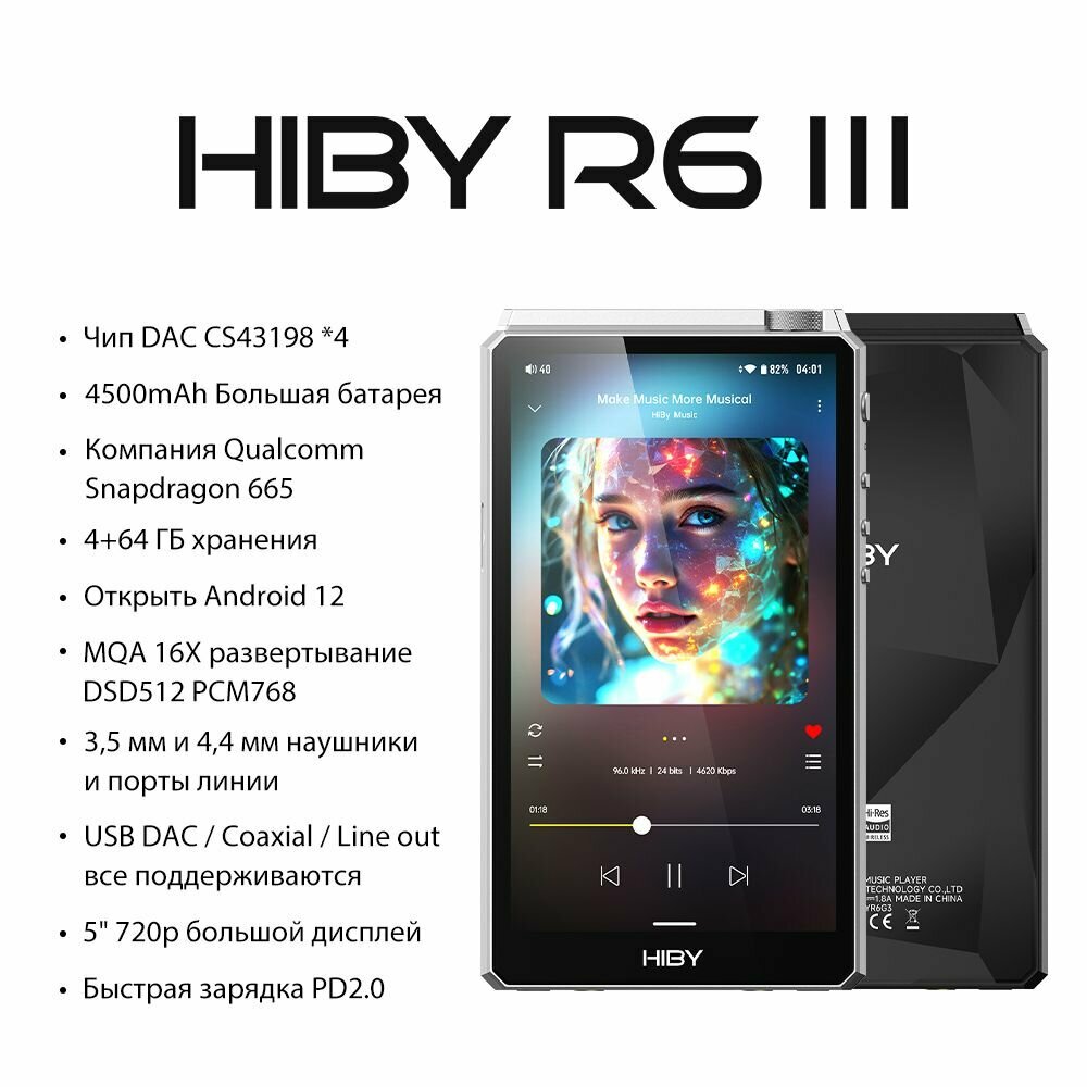 Музыкальный плеер HiBy R6 III 2025 серебристого цвета
