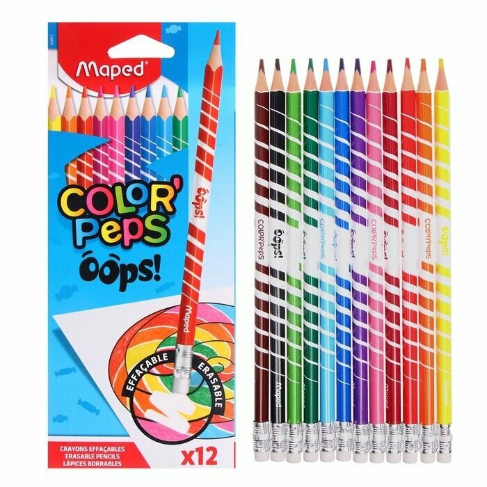 Карандаши цветные Maped c ластиком, Color Peps Oops, 12 шт, пластик (832812)