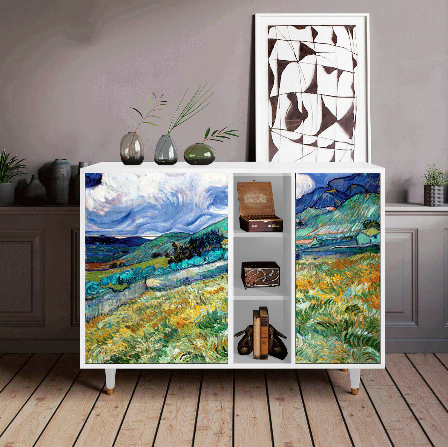 Комод - STORYZ - BS2 Landscape from Saint-Rémy by Vincent van Gogh, Разер - 125 x 97 x 48 см , Цвет корпуса - Белый