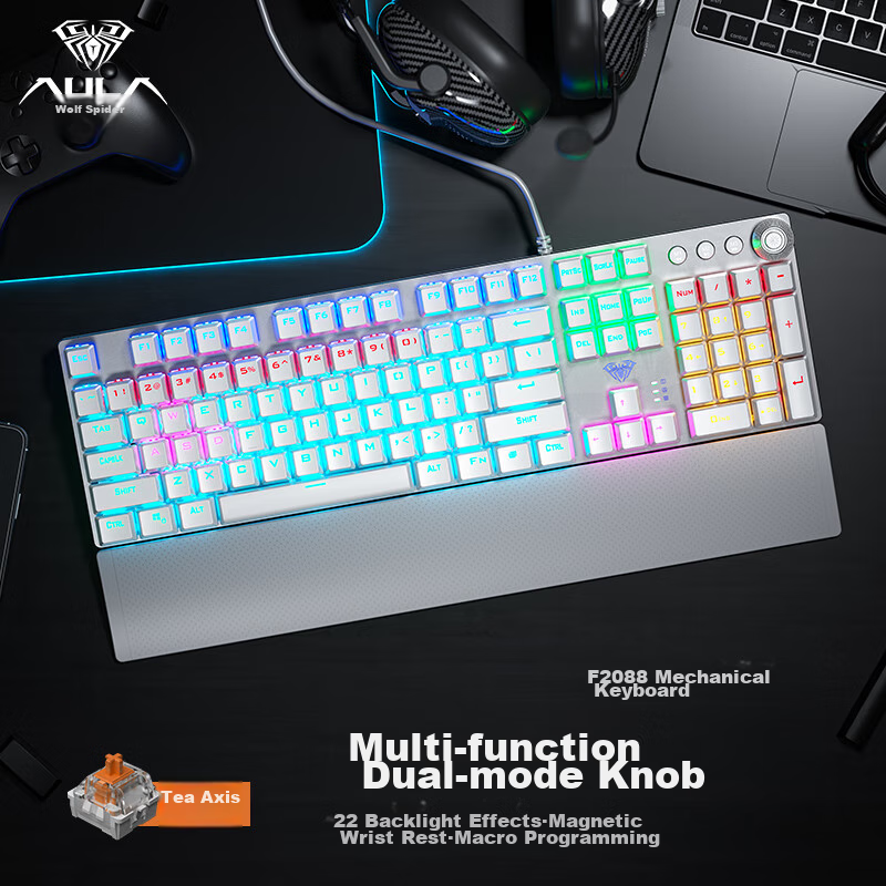 AULA F2088 Mechanical Keyboard, Wired Keyboard, Gaming Keyboard, 104-Key Backlit Keyboard, Macro Programming, Computer Keyboard, Silver-White, Brown Switch, Elite Edition