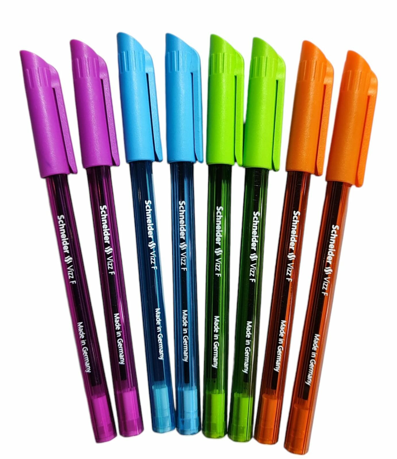 Набор ручек 8шт. Schneider "Vizz F Neon" синяя, 0,8мм, прозрачный корпус неон ассорти