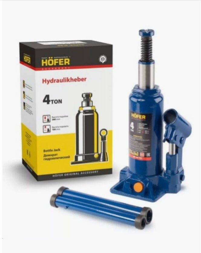 Домкрат гидравлический, бутылочный(4т) 195-380мм с пред. клапаном HOFFER