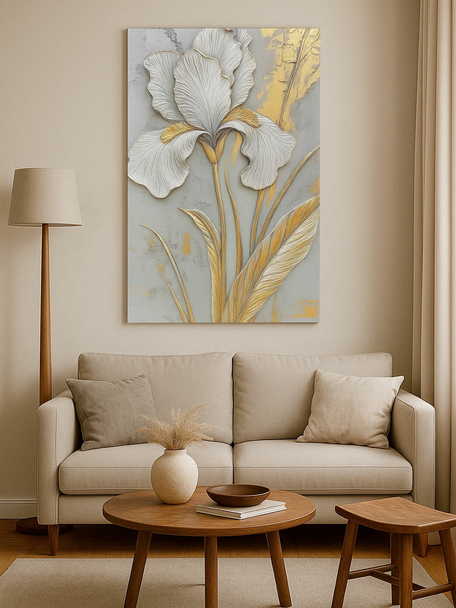 Картина для интерьера на холсте "Серебряные ирисы" 60х100 см