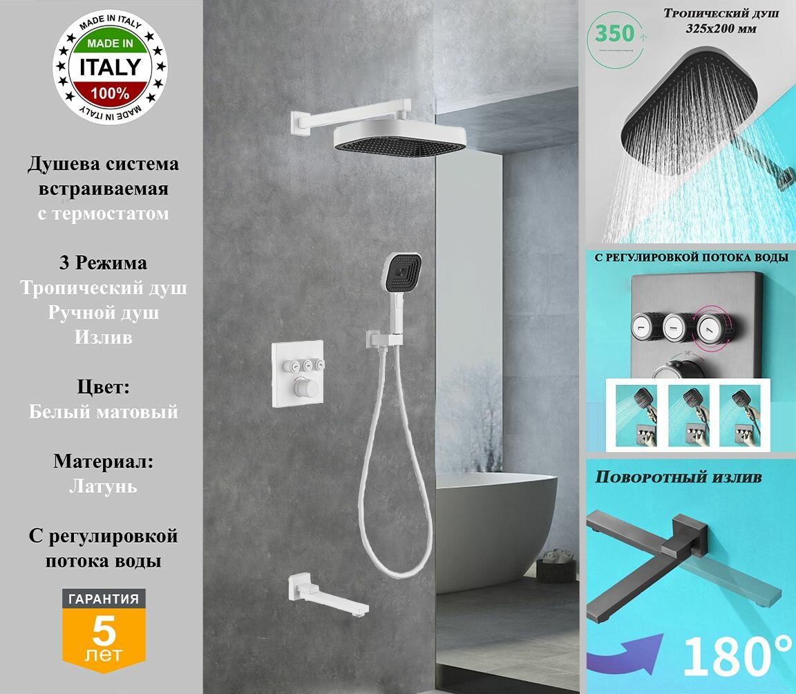 Душевая система скрытого монтажа c термостатом Gristo White Matte Termo GWT-5064 белый матовый