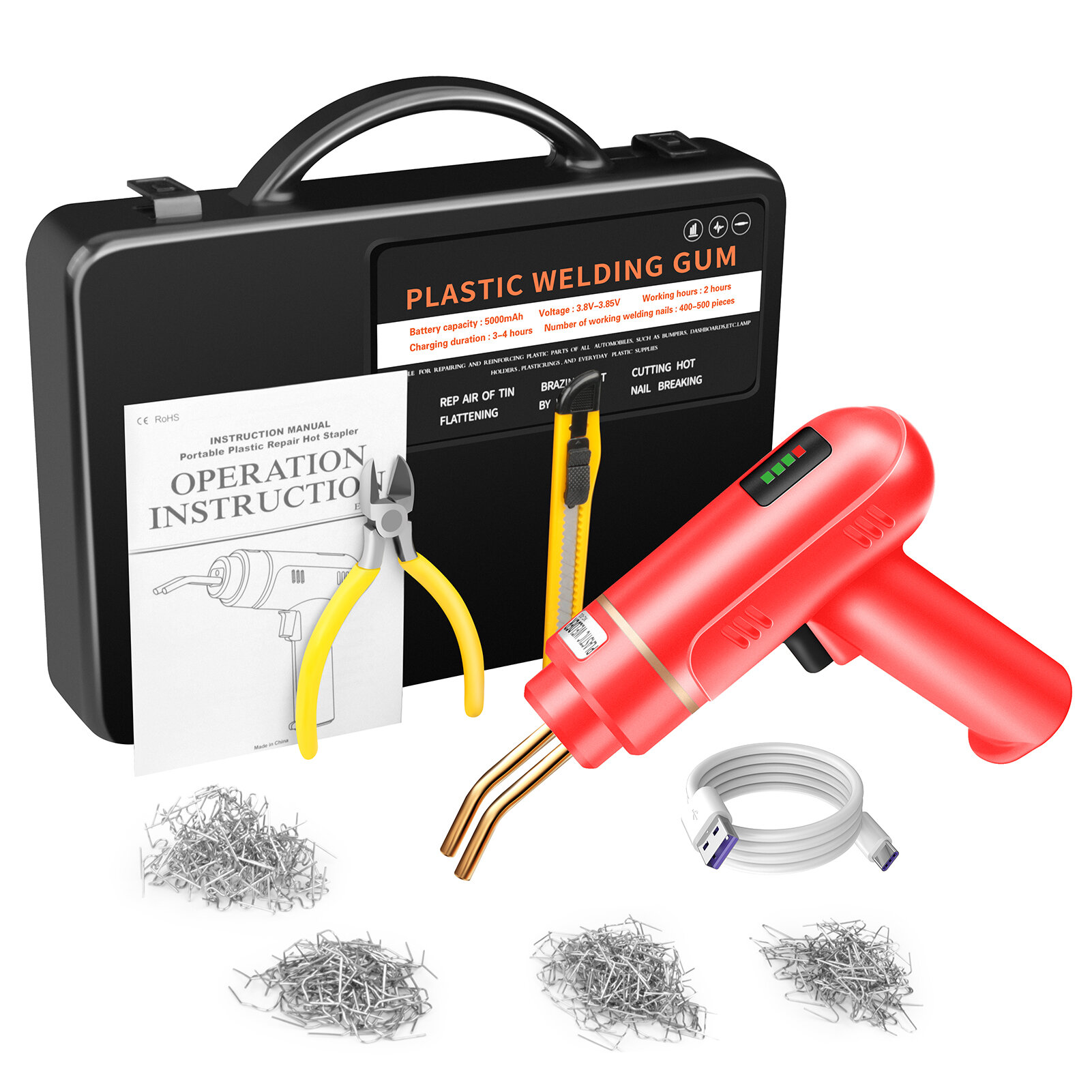 200W Беспроводной USB Заряжаемый Пластиковый Сварщик, Набор для Пластиковой Сварки с 400 Штук Горячих Клеев для Трещины Бампера Автомобиля, Крышки, Мощность 20A, Ёмкость Аккумулятора 5000mah, Напряжение 4.1V, В Наборе: 1 Пластиковый Сварщик, 200 Штук