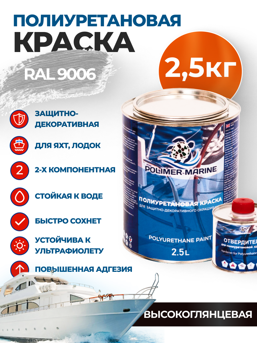 Краска полиуретановая 2К Polimer Marine высокоглянцевая серебристая комплект (2,125 кг + 0,375 кг)