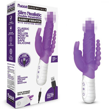 Rabbit Essentials Slim Realistic Double Penetration Rabbit Vibrator, фиолетовый Кролик-реалистик для двойного проникнования