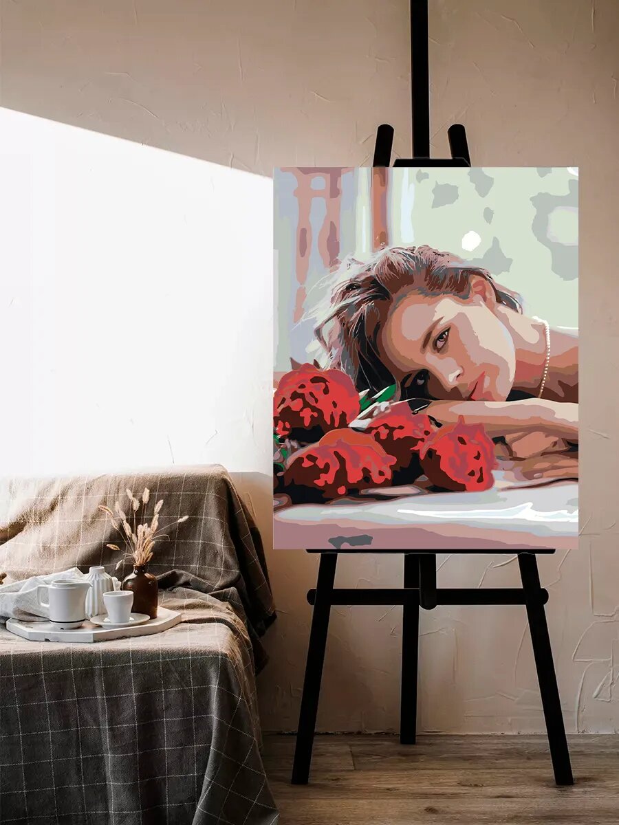 Картина по номерам Девушка Красные Розы Букет Цветы