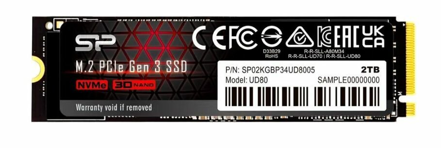 2 ТБ SSD M.2 накопитель Silicon Power M-Series UD80 SP02KGBP34UD8005(SP02KGBP34UD8005) - PCI-E 3.0, чтение - 3400 Мб/с, запись - 3000 Мб/с, 3D NAND