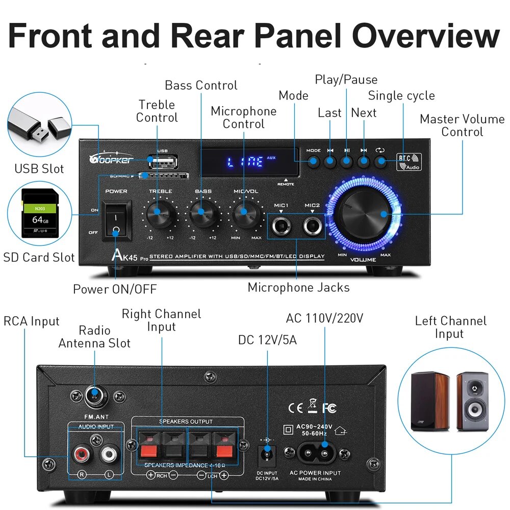 Динамик AK45 PRO, новый цифровой усилитель HiFi 12 В, 220 В, 110 В, максимальная мощность 90 Втx2, канал 2,0, Bluetooth, объемный звук, усилитель