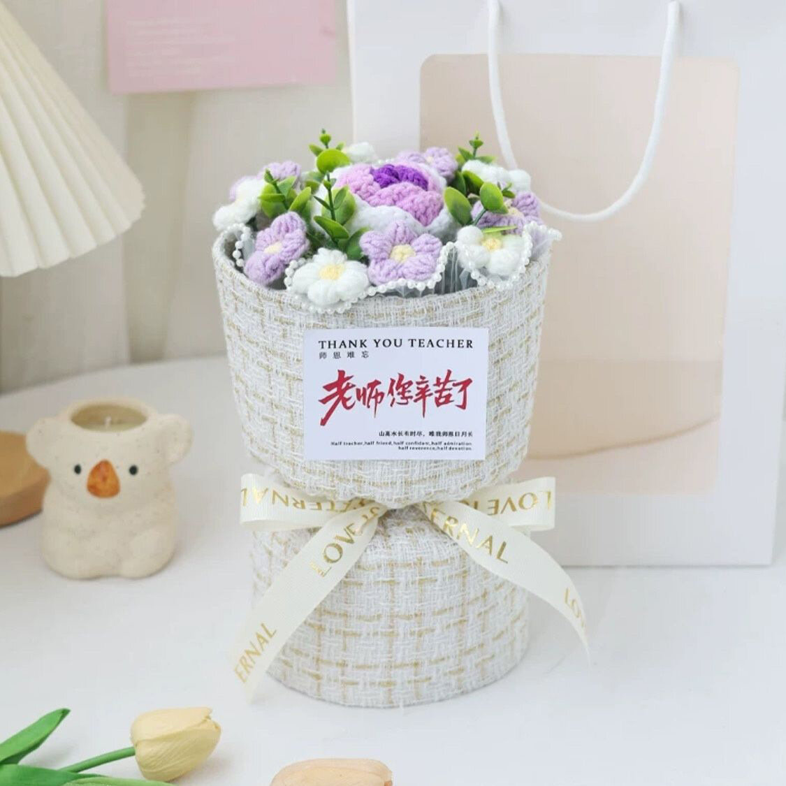 Букет "Бессмертный цветок" Go out to the best, подсолнух, роза, шерсть, ручной работы, пурпурно-розовый