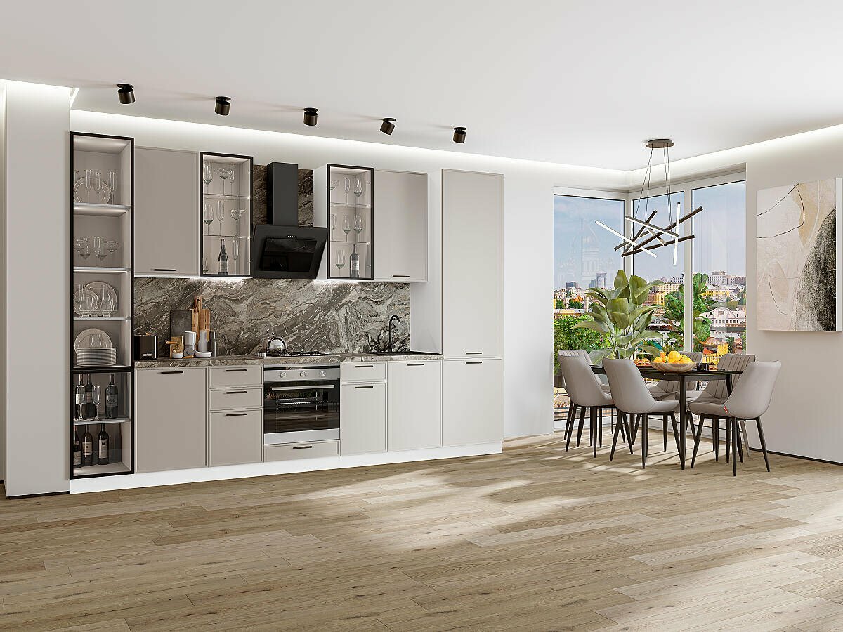 Кухонный гарнитур прямой 3,4 м. со столешницей, полки стекло, Фрейм-06 2340*3400*600 Clay Silk