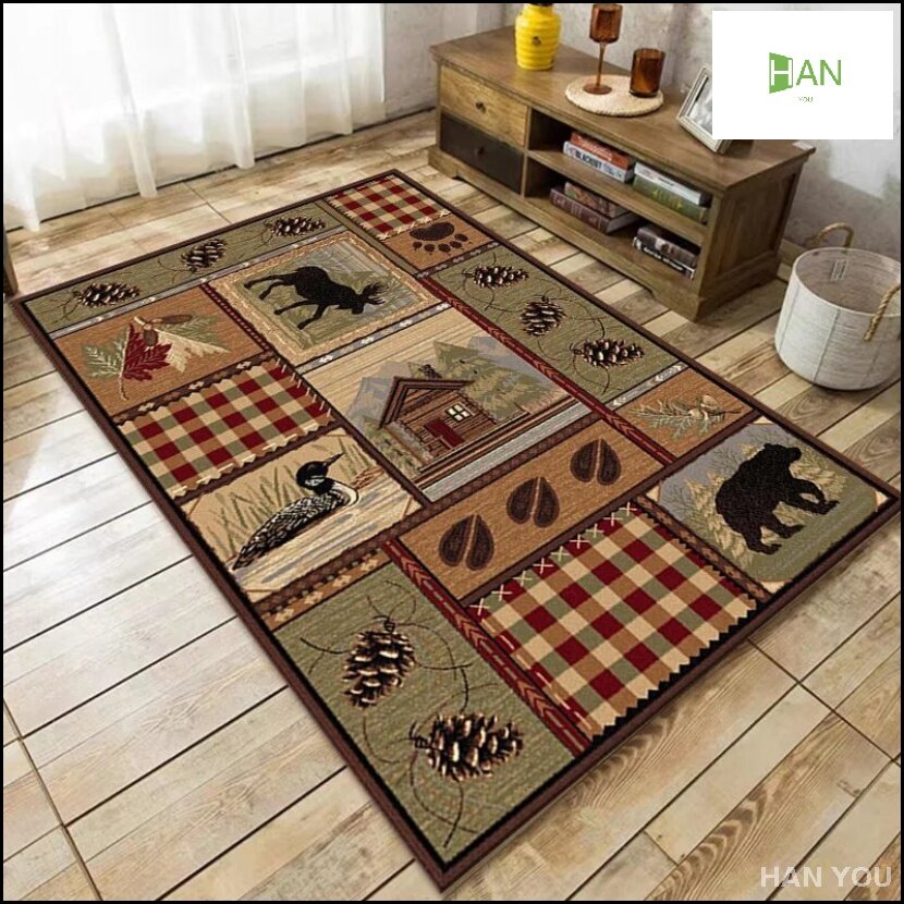 Эксклюзивный коричневый ковер 120x160 см с изображением лося медведя и оленей для стиля кантри