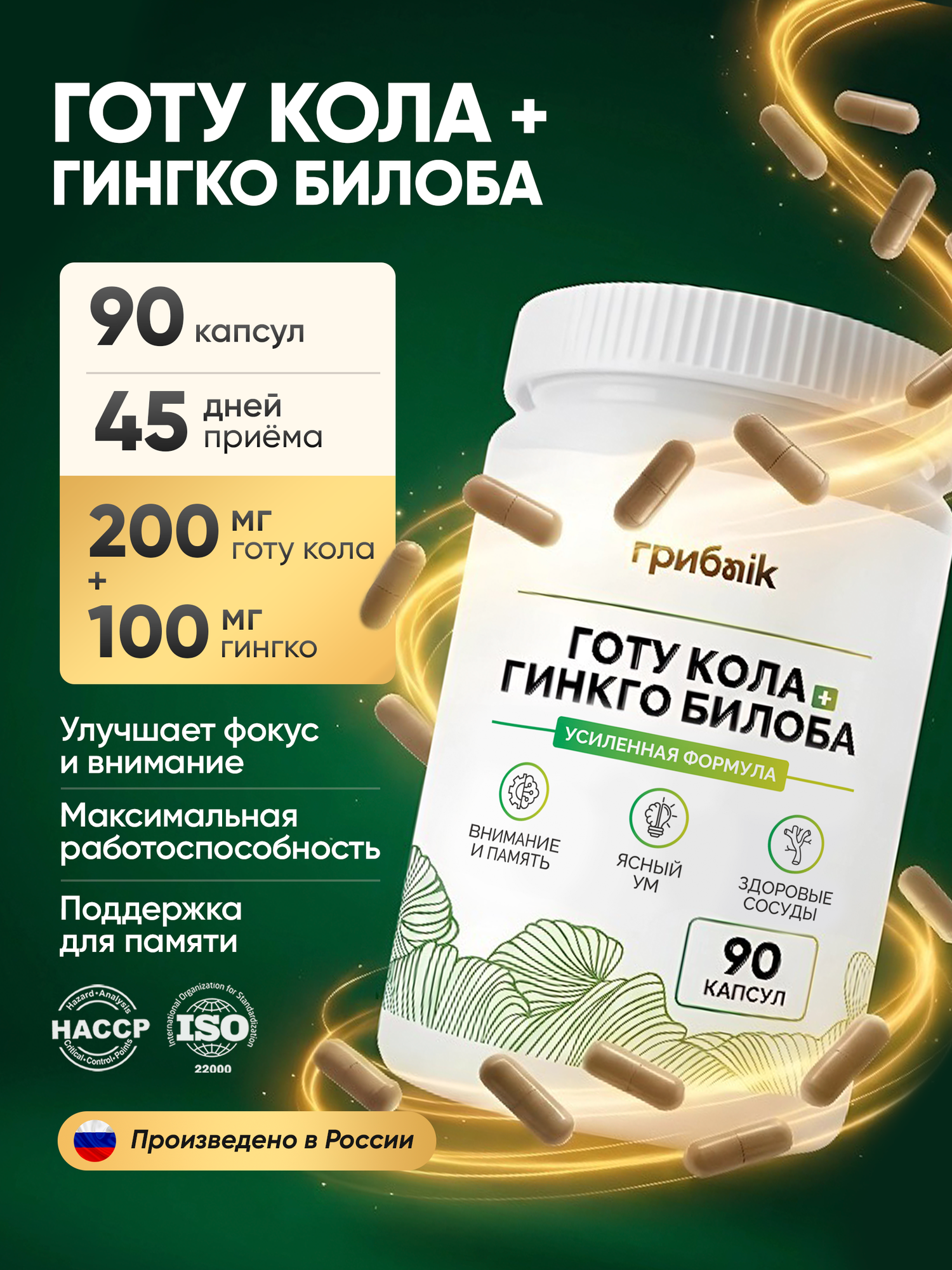 Гинкго билоба в капсулах + Готу Кола для мозга и памяти, 90 капсул