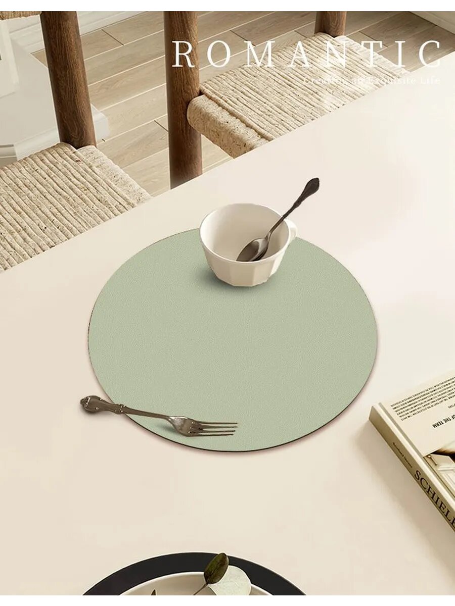 Круглая кожаная подставка матча-зеленая 21см, для кофе