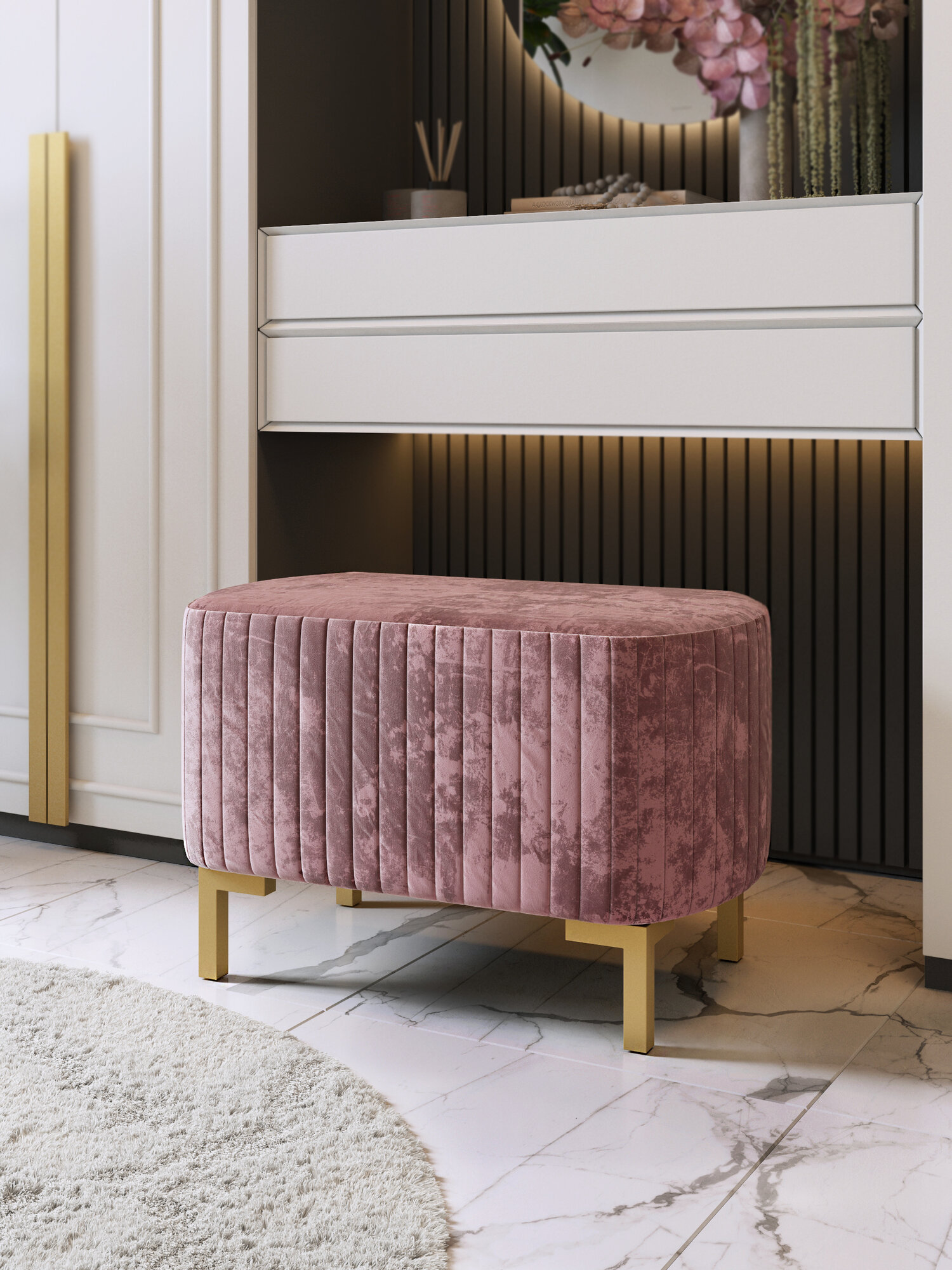 Пуф банкетка Мебельно Рич 5.1, Розовый велюр Краш, антивандальный, овальный, золотые ножки 11 см, 36х60х40 см