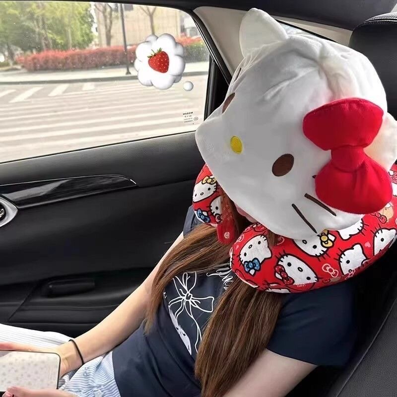 Подушка U-образная Hello Kitty Cat, девичья подушка в форме сердца, подушка для путешествий, спящая плюшевая игрушка с капюшоном, котенок