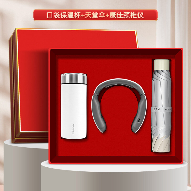Бизнес-подарок: набор массажера для шеи Konka, фена и термоса, корпоративный подарок для клиентов с индивидуальным логотипом