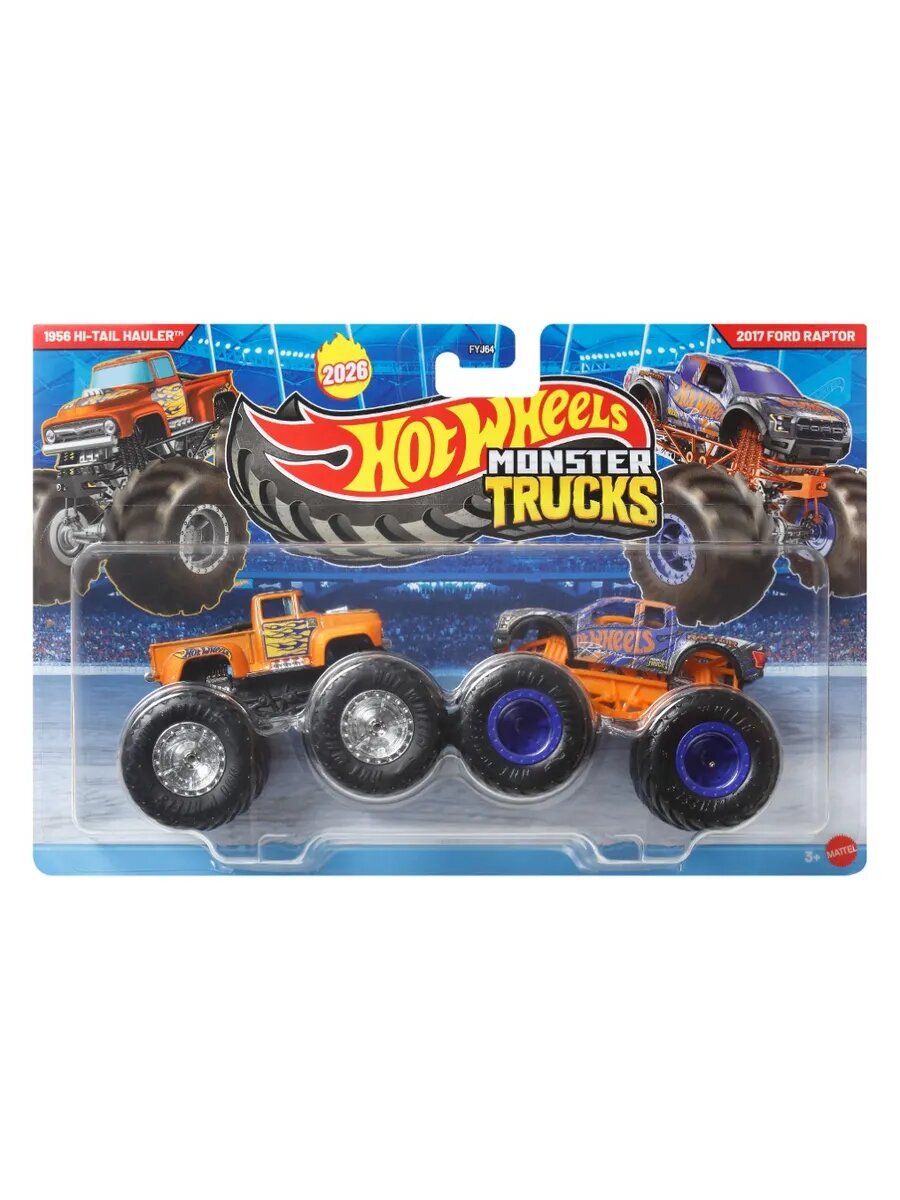 JLV84 Hot Wheels набор машинка металлическая Monster Trucks ; Монстр-трак коллекционная масштабная модель 1:64 Взаимное уничтожение 2 шт. 1956 HI-TAIL HAULER vs 2017 FORD RAPTOR кейс 2026