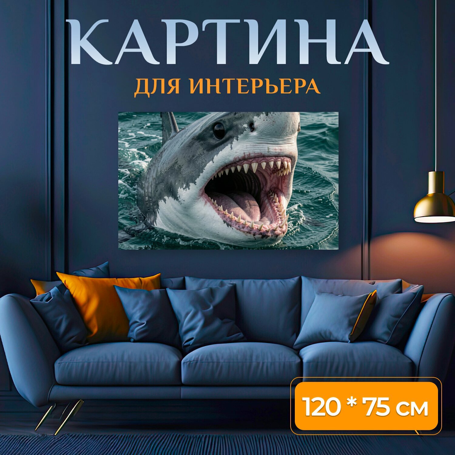 Картина на холсте "Акула в морской воде. Крупный хищник с раскрытой пастью и острыми зубами, всплывающий из бирюзовых волн. Реалистичная." на подрамнике 120х75 см. для интерьера