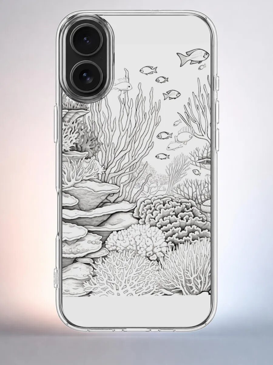 Чехол iPhone 16 риф скетч с рыбами силиконовый