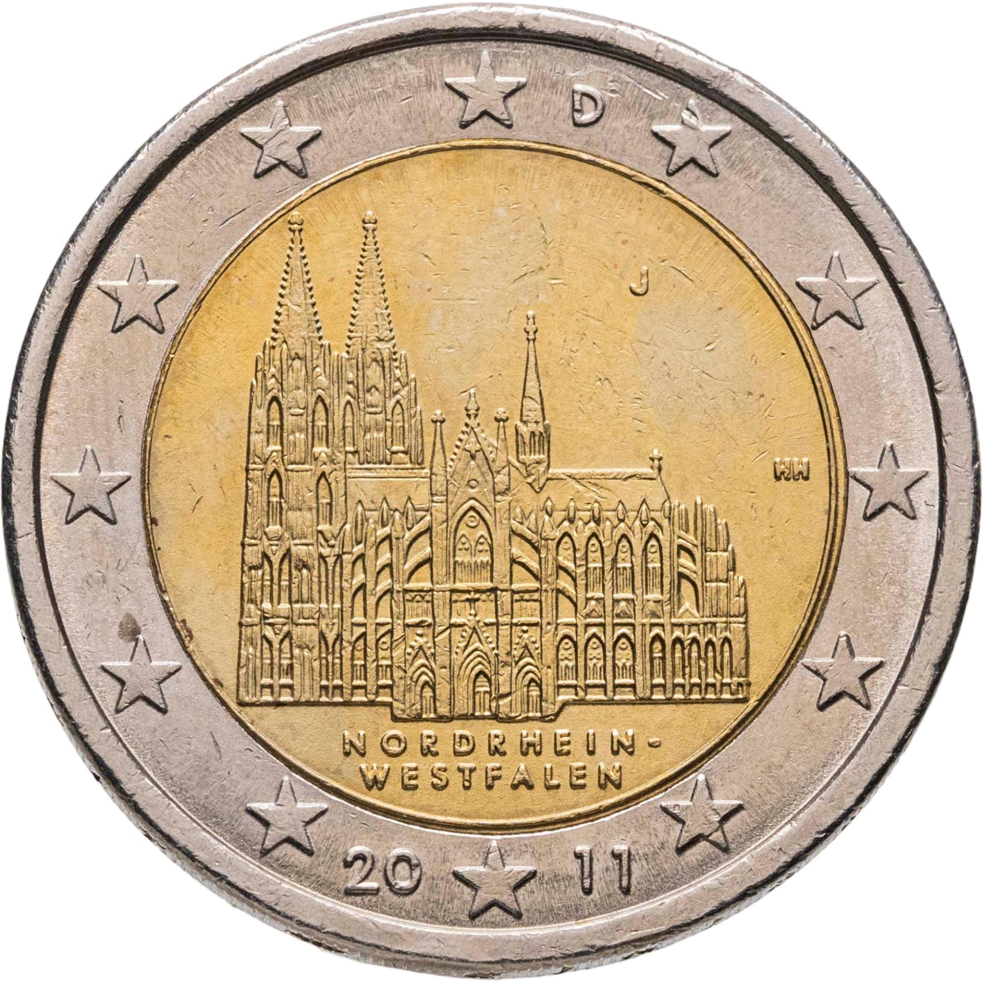 Германия 2 евро euro 2011 "Федеральные земли Германии - Кёльнский собор, Северный Рейн — Вестфалия", знак монетного двора "J" - Гамбург, Биметалл