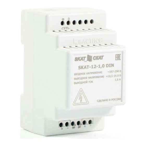 Бастион SKAT-12-1.0 DIN скат ИБП-12 1-DIN источник питания 12В 1А пластиковый корпус под DIN рейку 35 мм, МПТ 583
