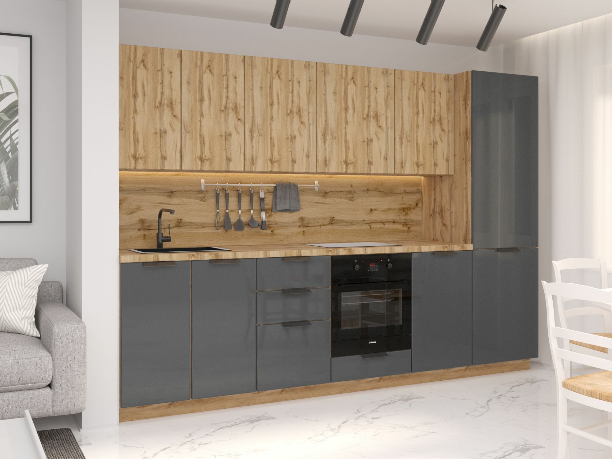 Кухонный гарнитур Фьюжн Антрацит глянец/Флэт Дуб Вотан, 3000 мм