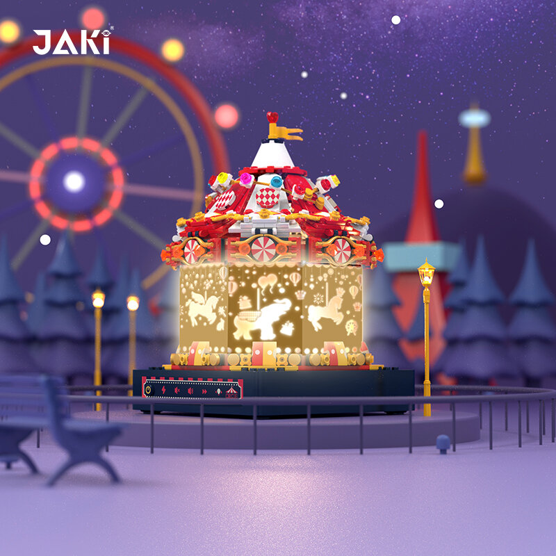 Конструктор 3Д JAKI Музыкальная шкатулка Карусель с подсветкой, светильник 3 режима света, 648 деталей - JK1366