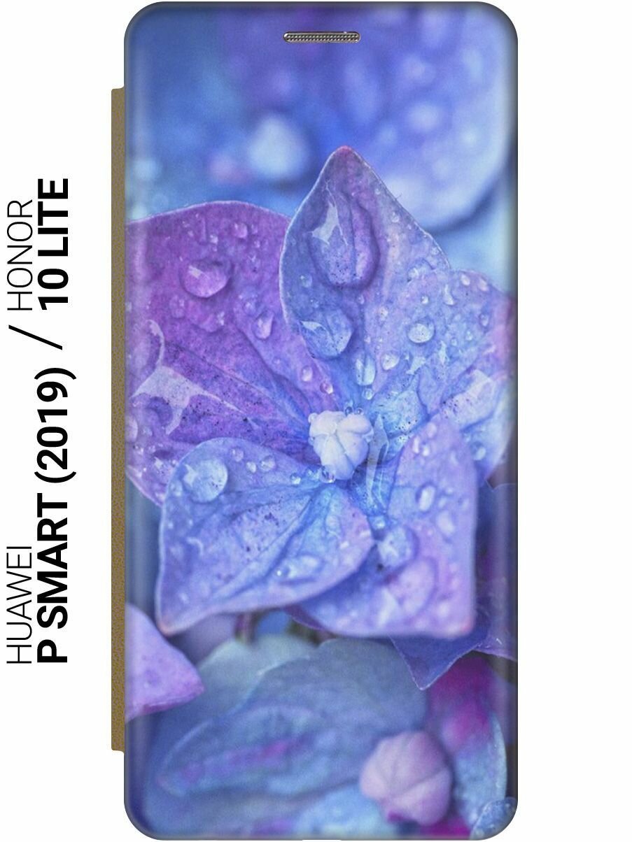 Чехол-книжка на Honor 10 Lite, Huawei P Smart (2019), Хуавей П Смарт (2019), Хонор 10 Лайт с 3D принтом "Голубой цветочек" золотой