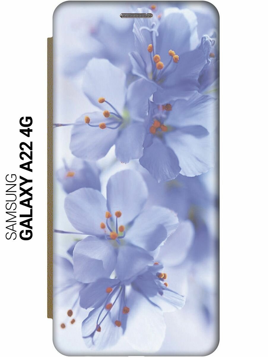 Чехол-книжка на Samsung Galaxy A22, M32, M22, Самсунг А22, М32, М22 с 3D принтом "Лазурные орхидеи" золотой