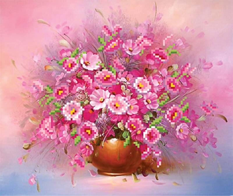 Канва/ткань с рисунком для вышивания бисером 28 см х 34 см 4062 "Розовые анемоны"