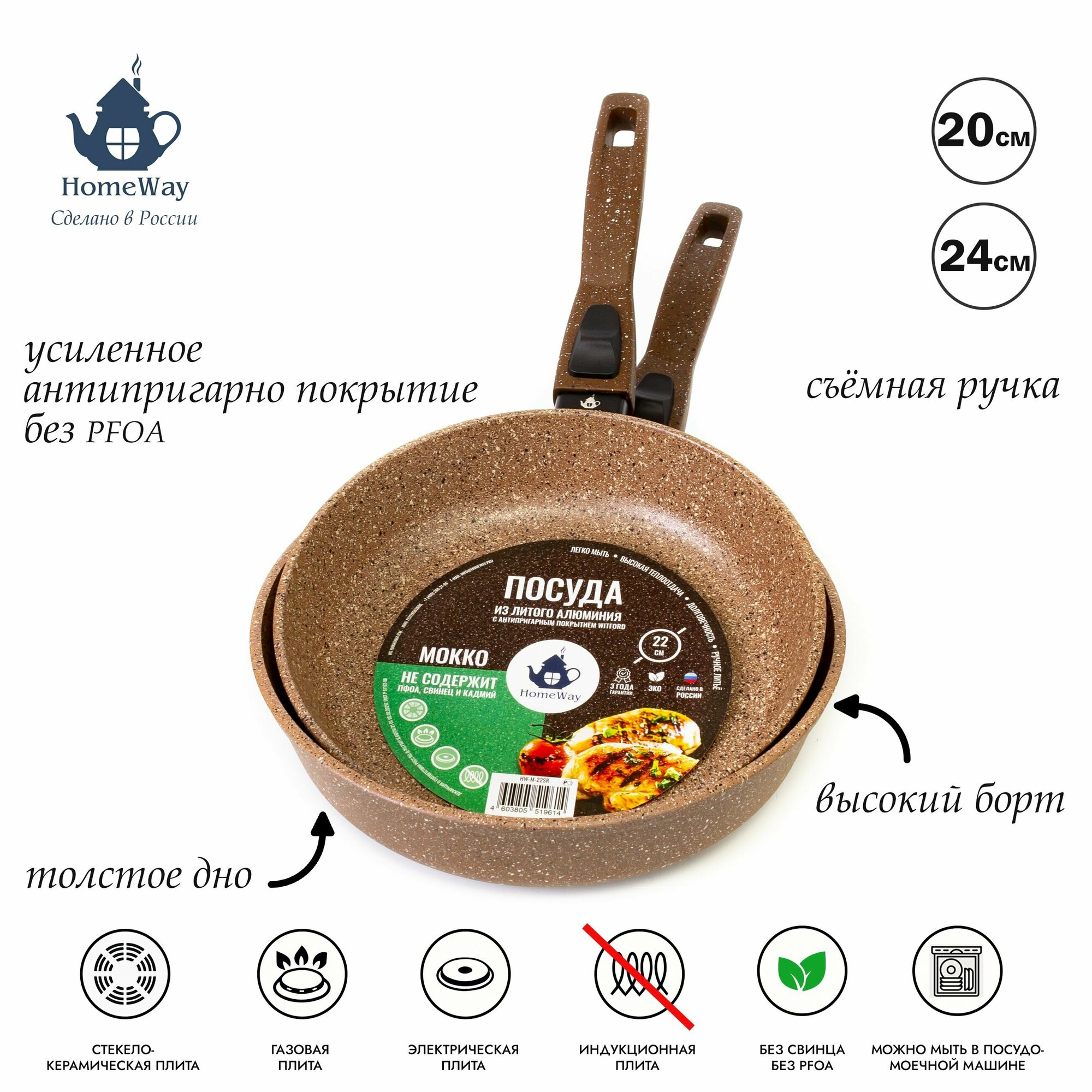 Набор сковородок 2шт.(20см/24см), съемные ручки, Дуо комплект. HomeWay