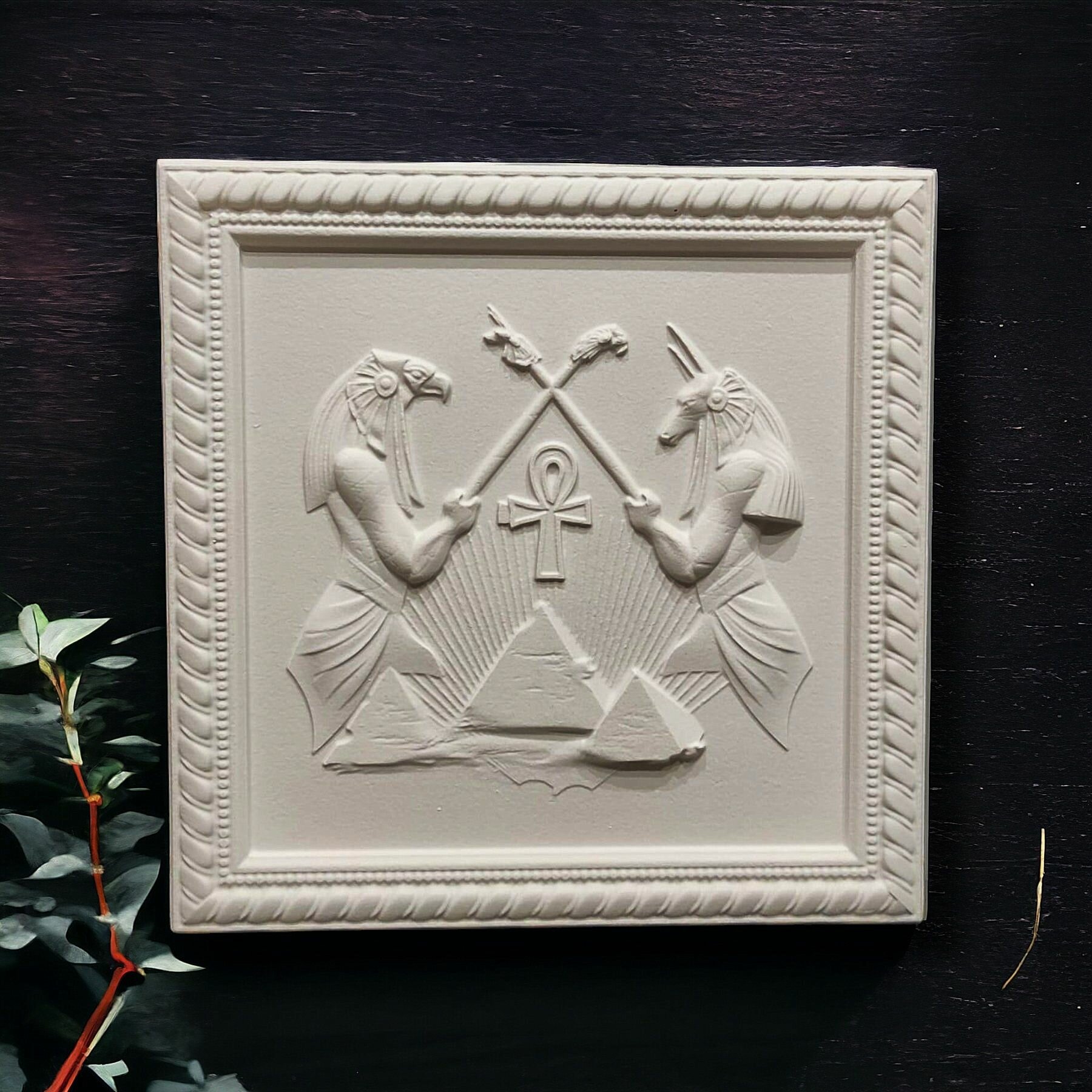 Большое панно, сувенир Египет, Анубис и Гор из гипса. Декор, картина для дома, офиса, кафе.