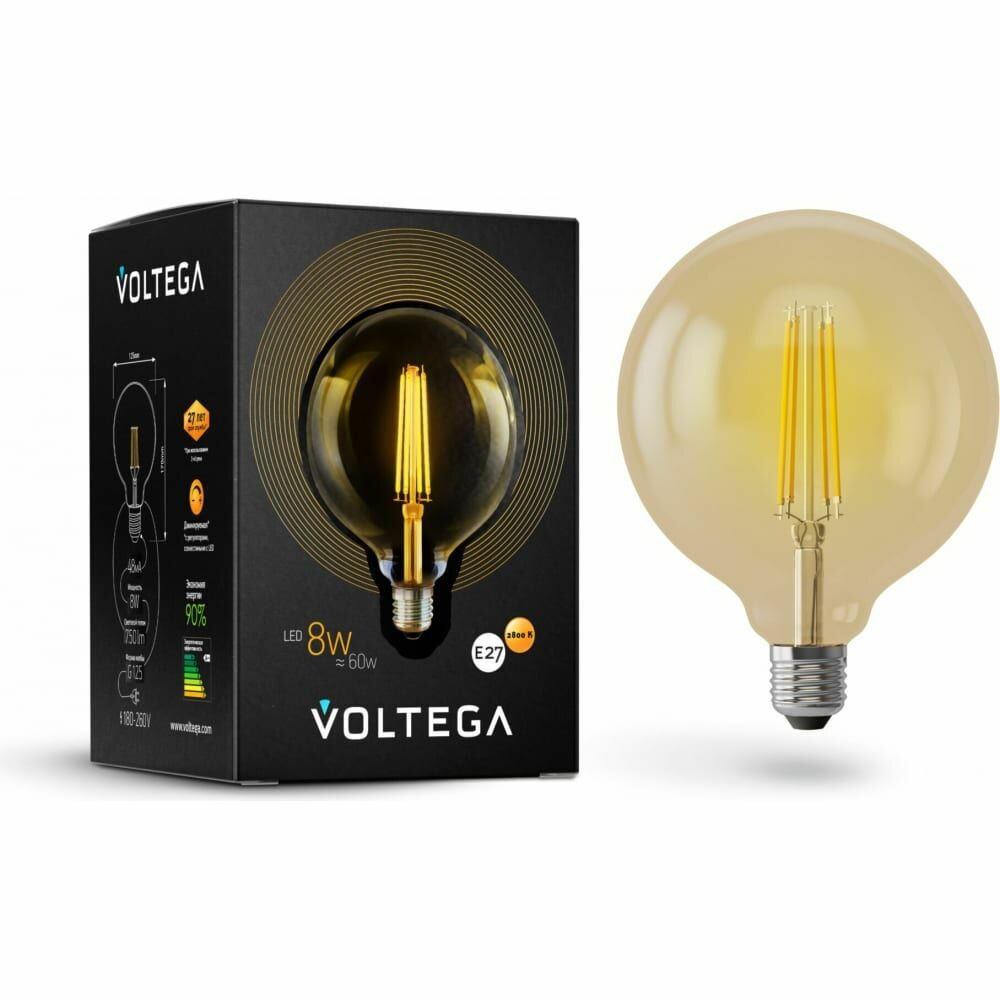 Светодиодная лампа VOLTEGA Шар диммируемый GOLD G125 Е27 2800К 8W 6838