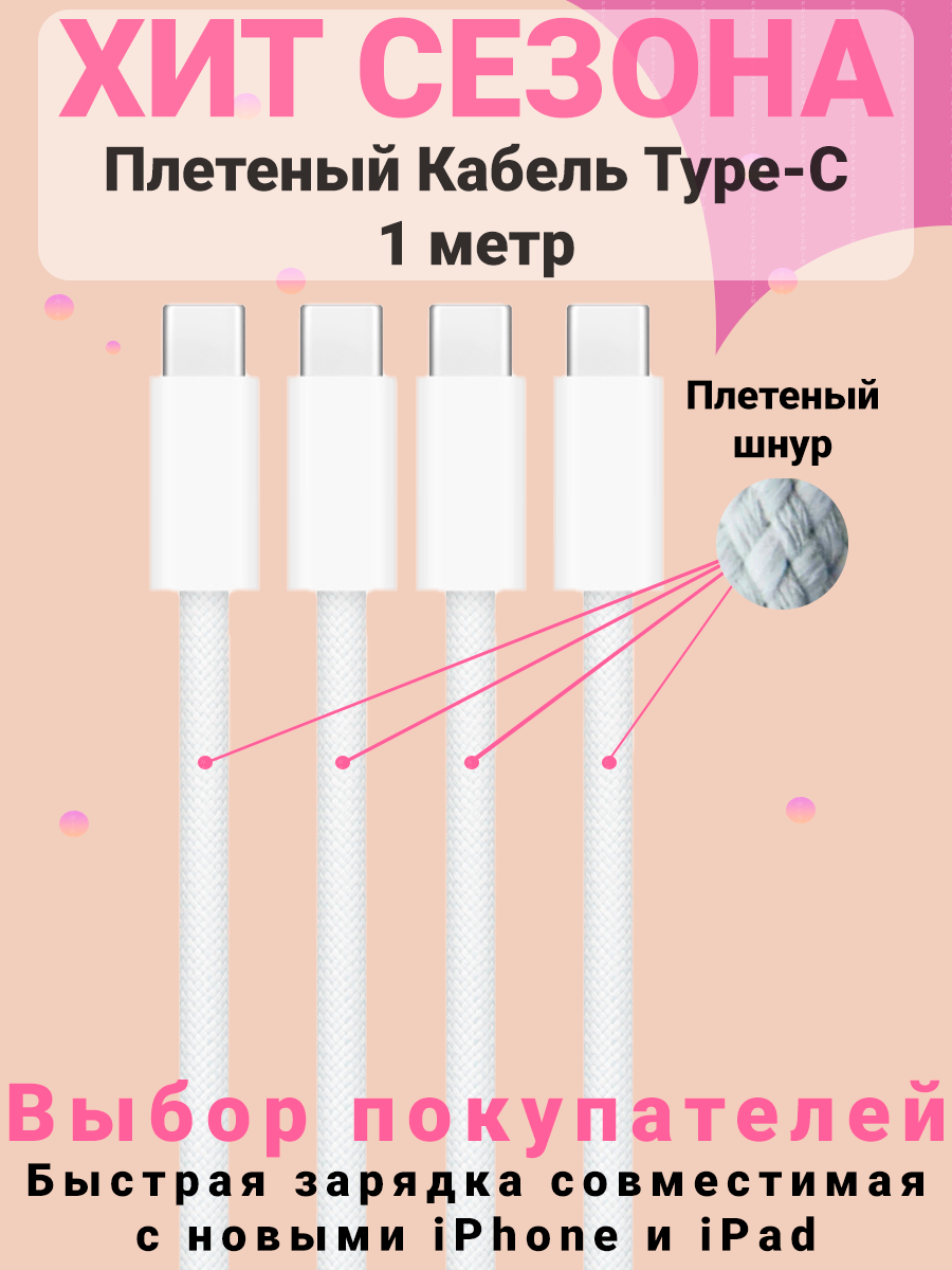 Кабель Type-C - Type-C плетенный для айфона 2шт, iPhone 15 Pro Max, Pro, Plus, iPad, AirPods, Android, 1 метр
