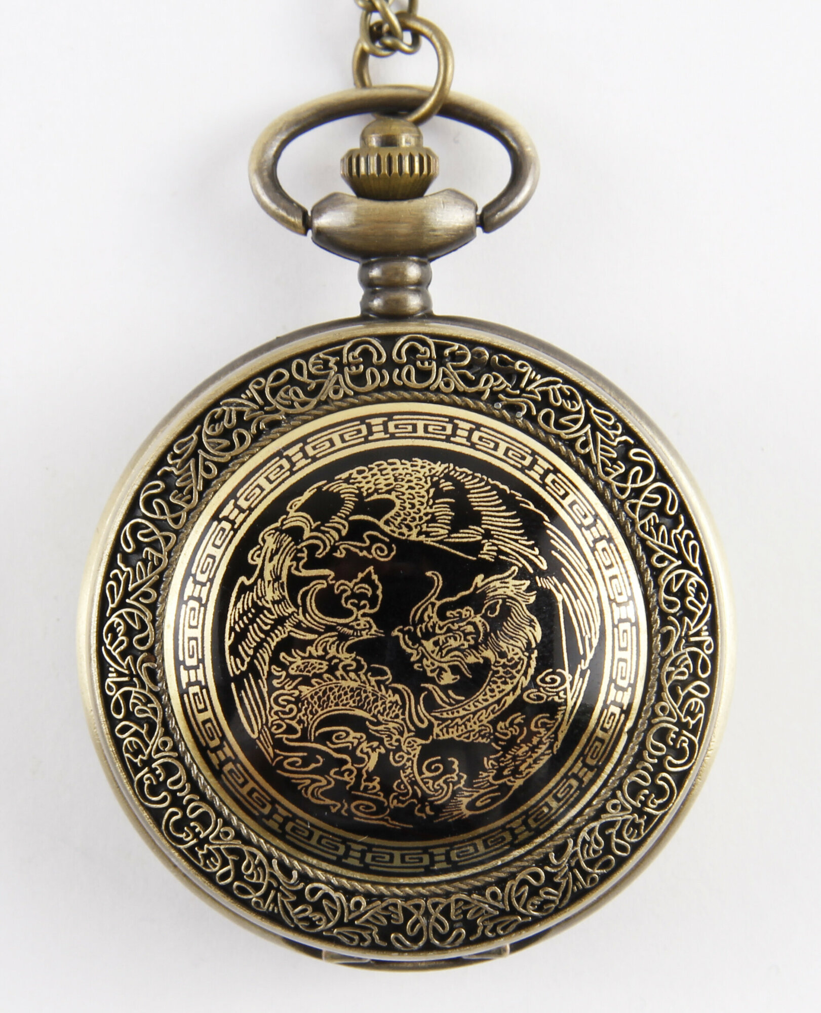 Карманные кварцевые часы "Дракон и Феникс" на цепочке. Металл, кварцевый часовой механизм.