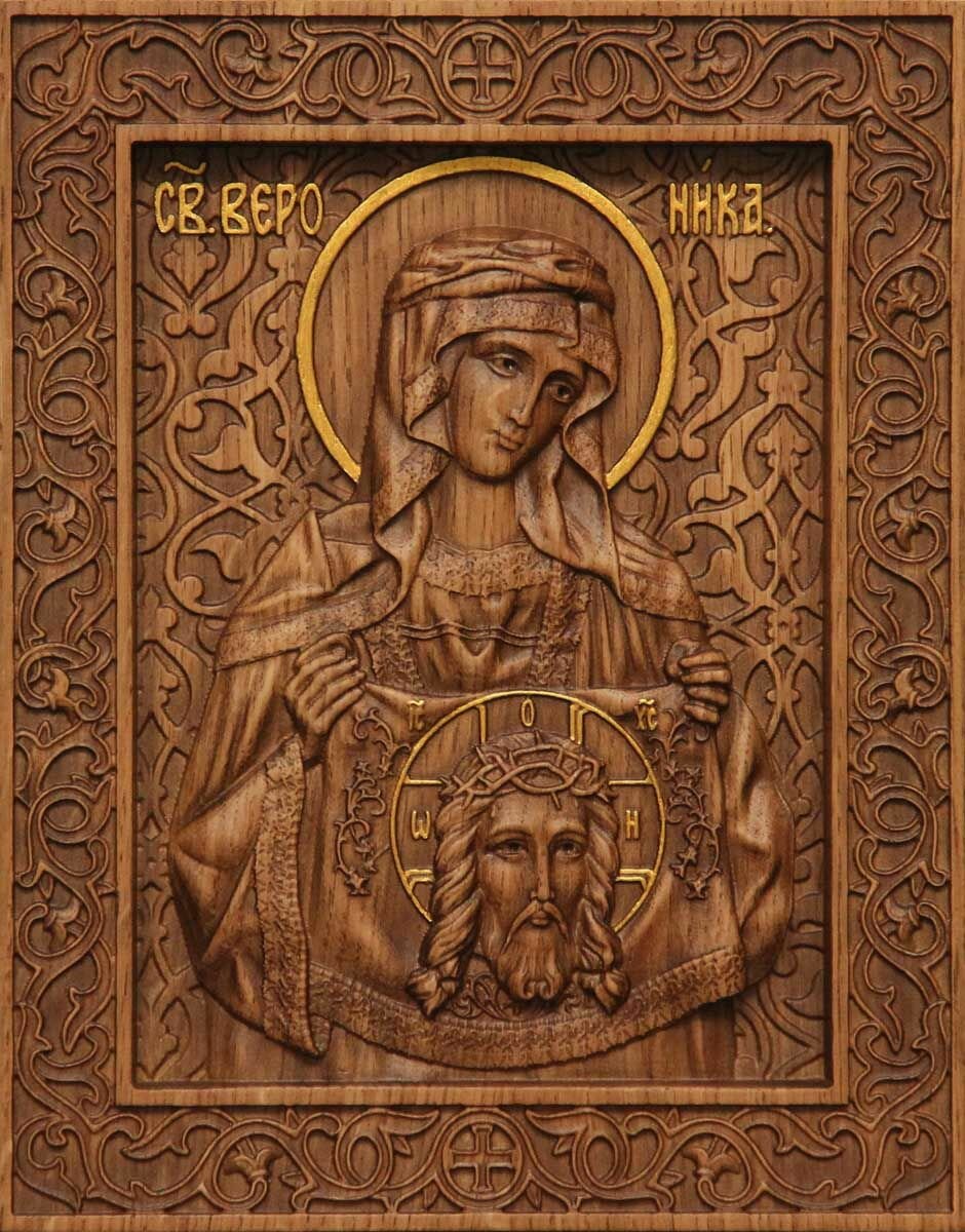 Икона Вероника Кровоточивая (с платом), Праведная, резная из дуба, 30х40 см